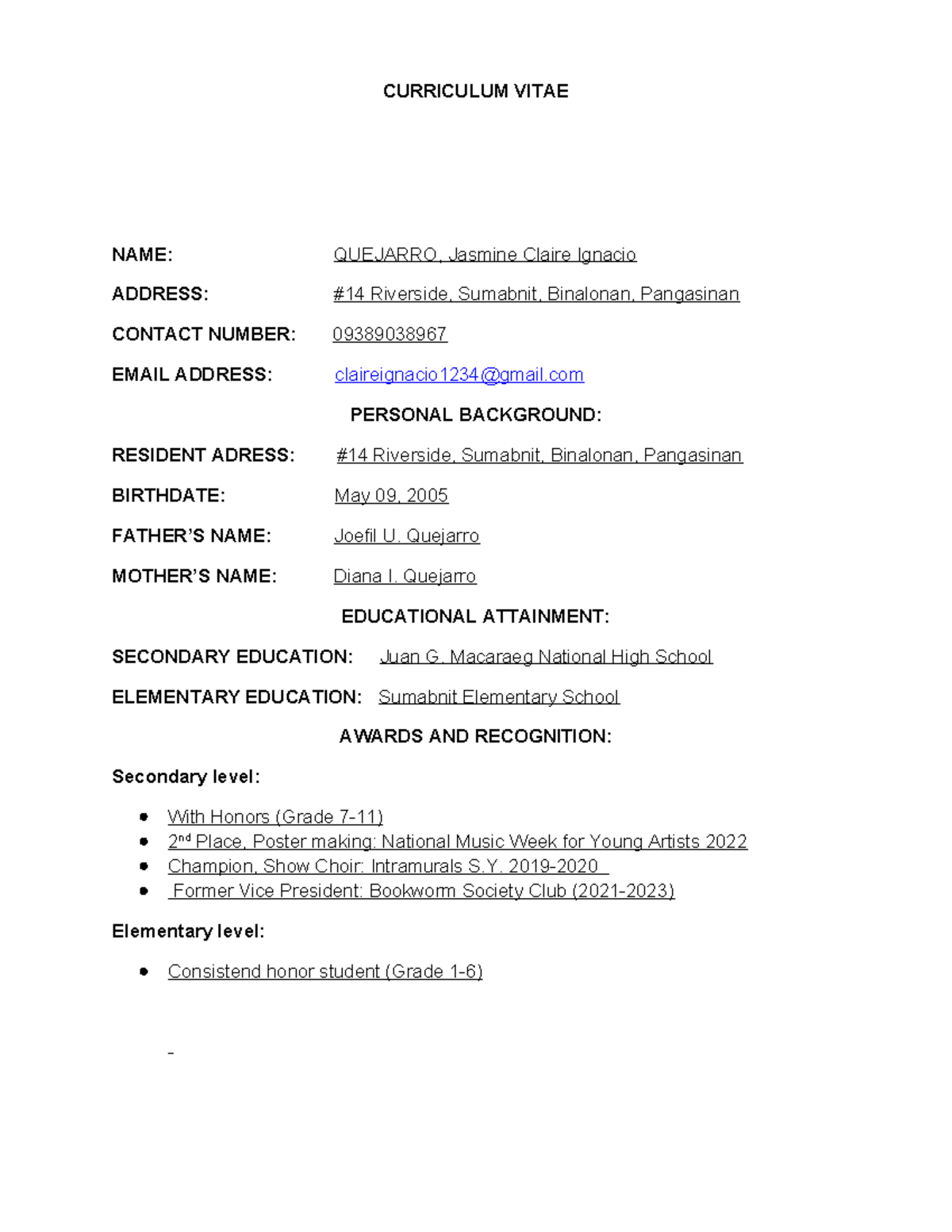 Curriculum Vitae Architecture - NAME: QUEJARRO, Jasmine Claire Ignacio ...