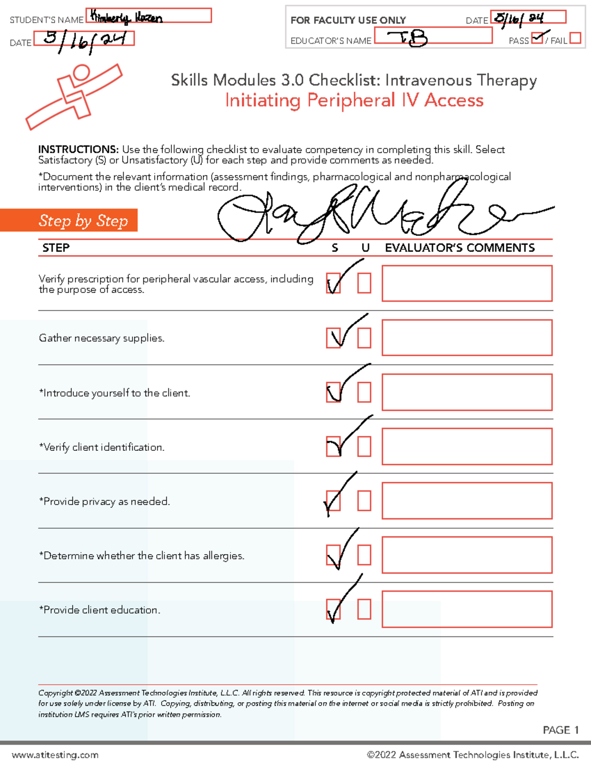 ATI Check-List Initiating peripheral IV access - PAGE 1 Copyright ©2022 ...