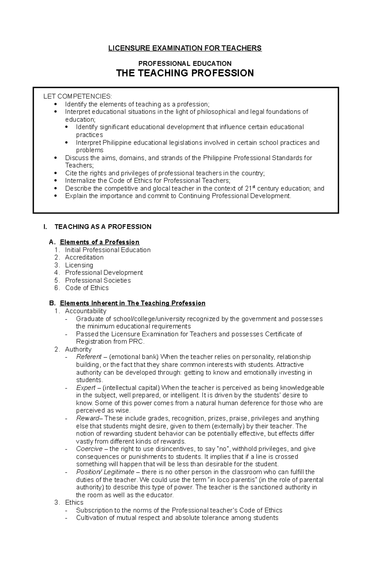 Profed THE Teaching Profession 2022 - LICENSURE EXAMINATION FOR ...