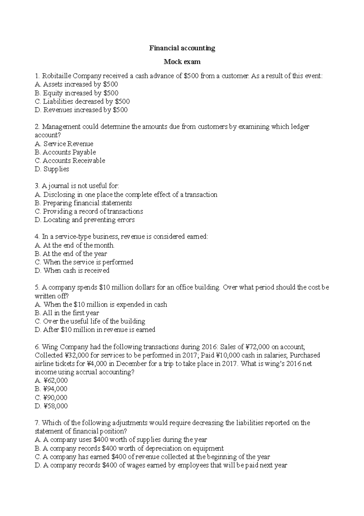 Accounting - first midterm mock exam - Financial accounting Mock exam ...