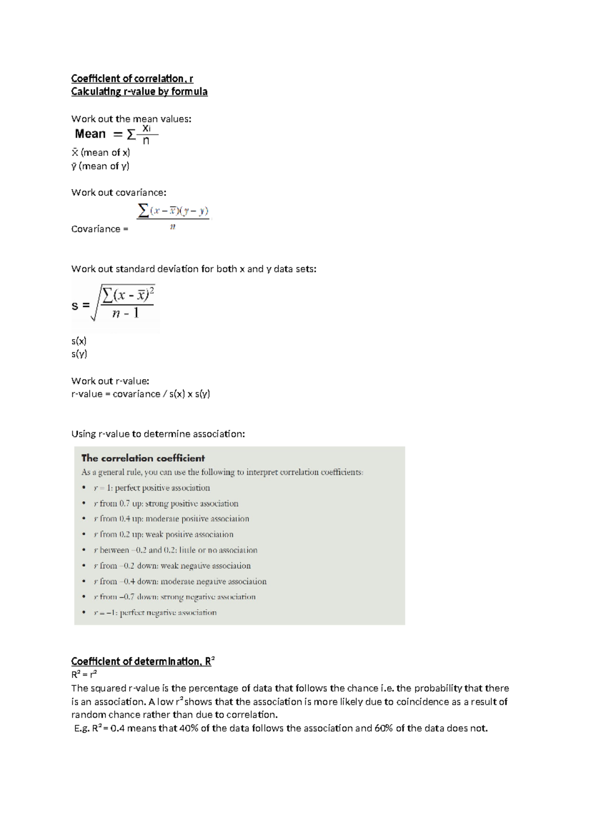 Cheat Sheet of important formulas - Coefficient of correlation, r ...