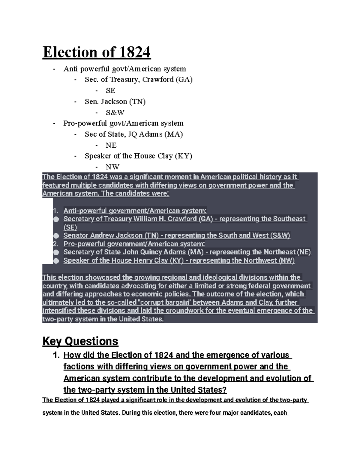 Election of 1824 Key Questions - Election of 1824 - Anti powerful govt ...