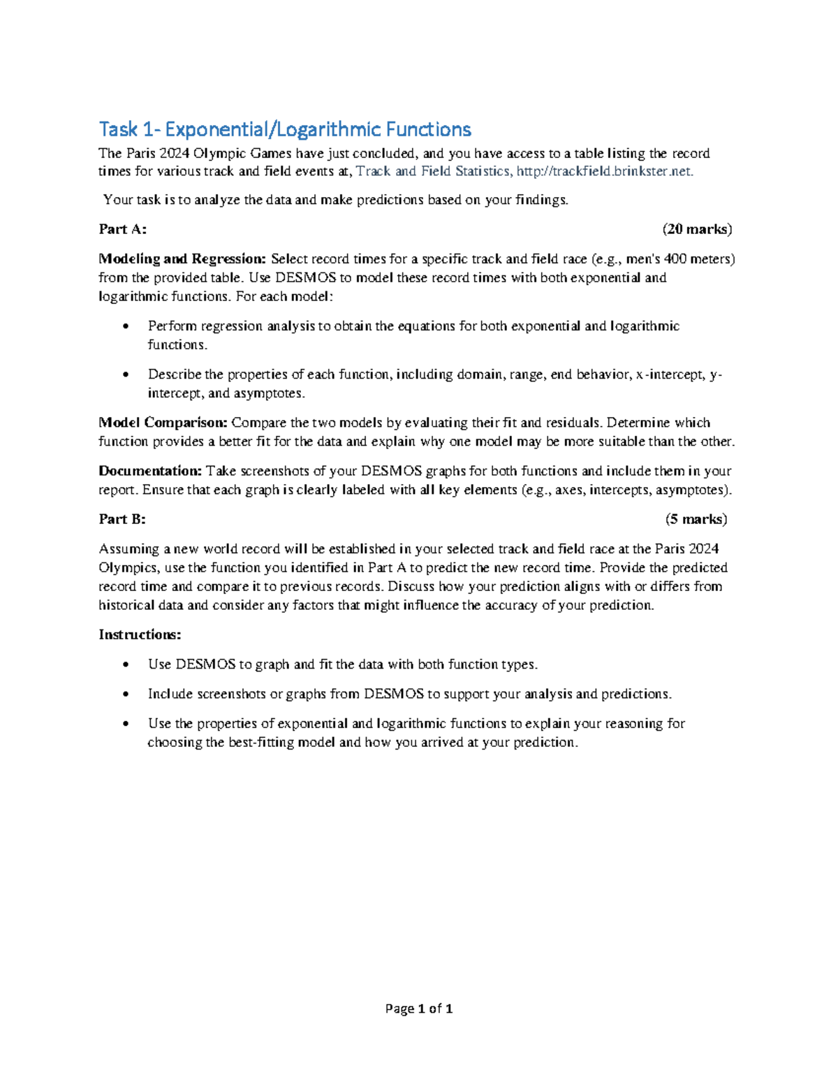 Task 1 Exponential And Logarithmic Functions Page 1 Of 1 Task 1 Exponentiallogarithmic 