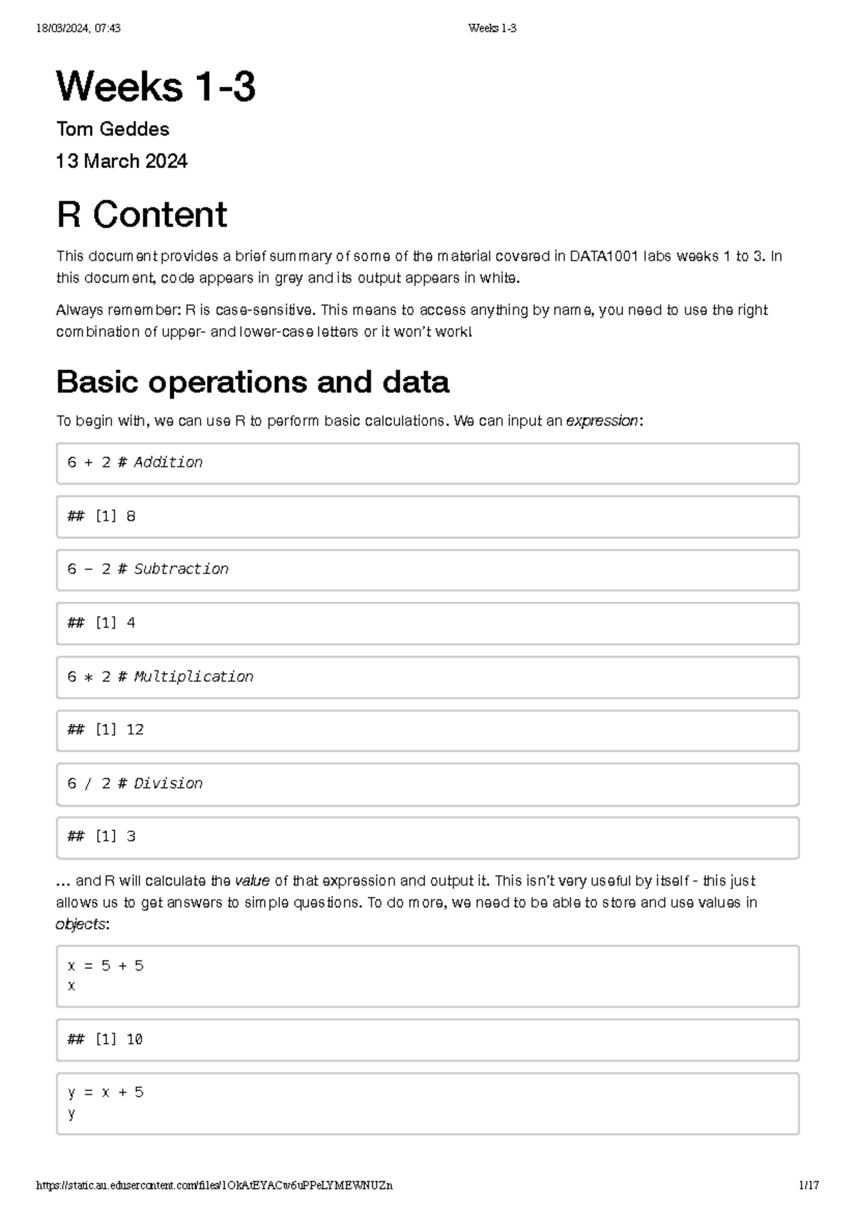 Weeks 1-3 R summary - Weeks 1 - 3 Tom Geddes 13 March 2024 R Content ...