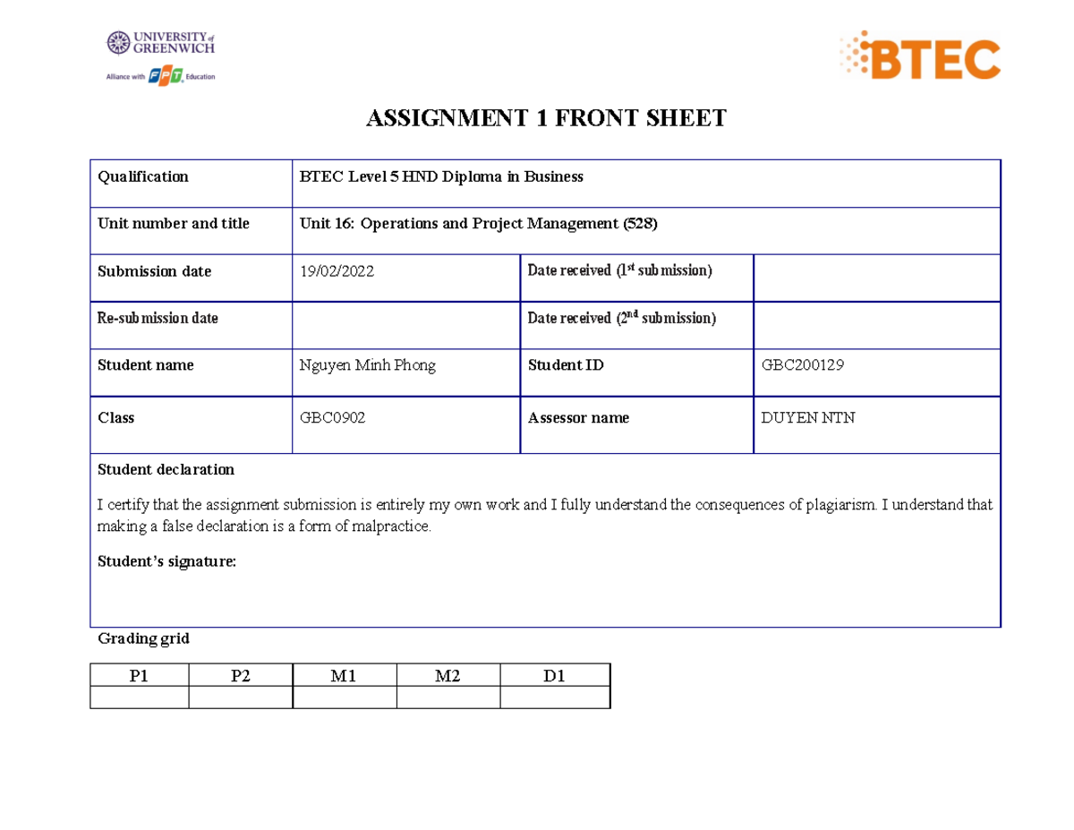 528 ASM1 Nguyen Phong GBC2001 29 - ASSIGNMENT 1 FRONT SHEET Qualification BTEC Level 5 HND ...