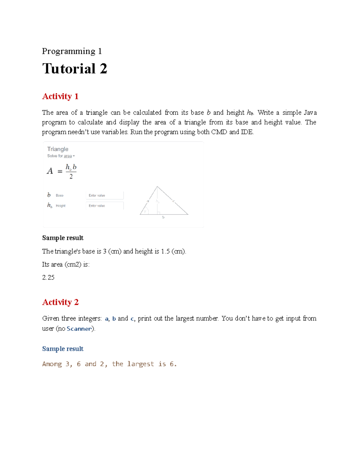 Tutorial 2 - probability and static - Programming 1 Tutorial 2 Activity 1 The area of a triangle ...