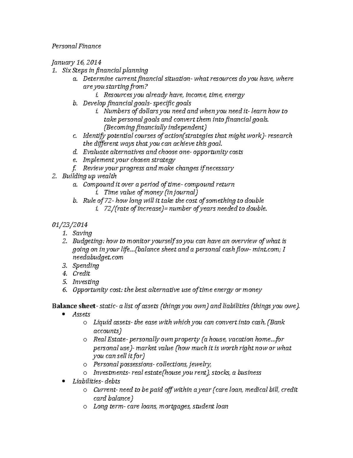 Personal Finance-2 - Lecture notes 1-3 - Personal Finance January 16 ...