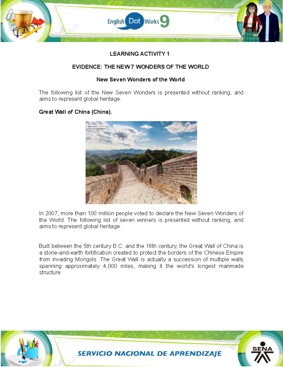 The New 7 wonders of the world - LEARNING ACTIVITY 1 EVIDENCE: THE NEW ...