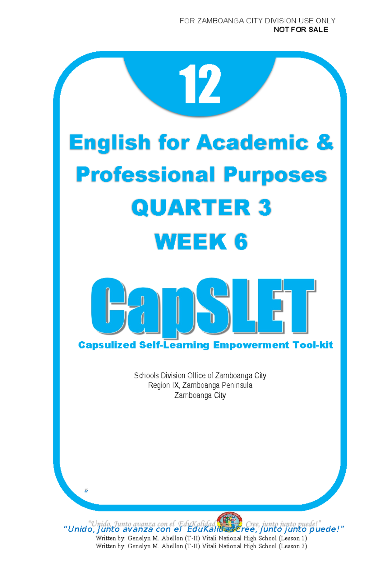 Eappq 3W6CA - Written by: Genelyn M. Abellon (T-II) Vitali National ...