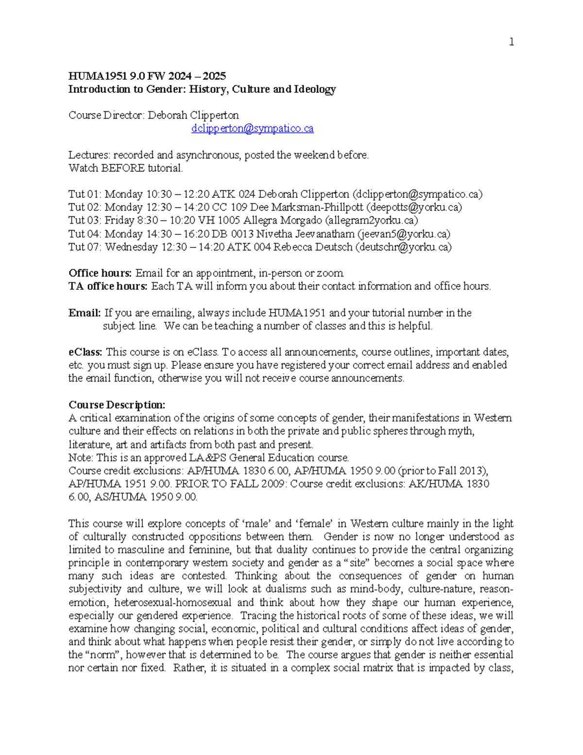 HUMA 1951 2024-25 FW syllabus - HUMA1951 9 FW 2024 – 2025 Introduction to Gender: History ...