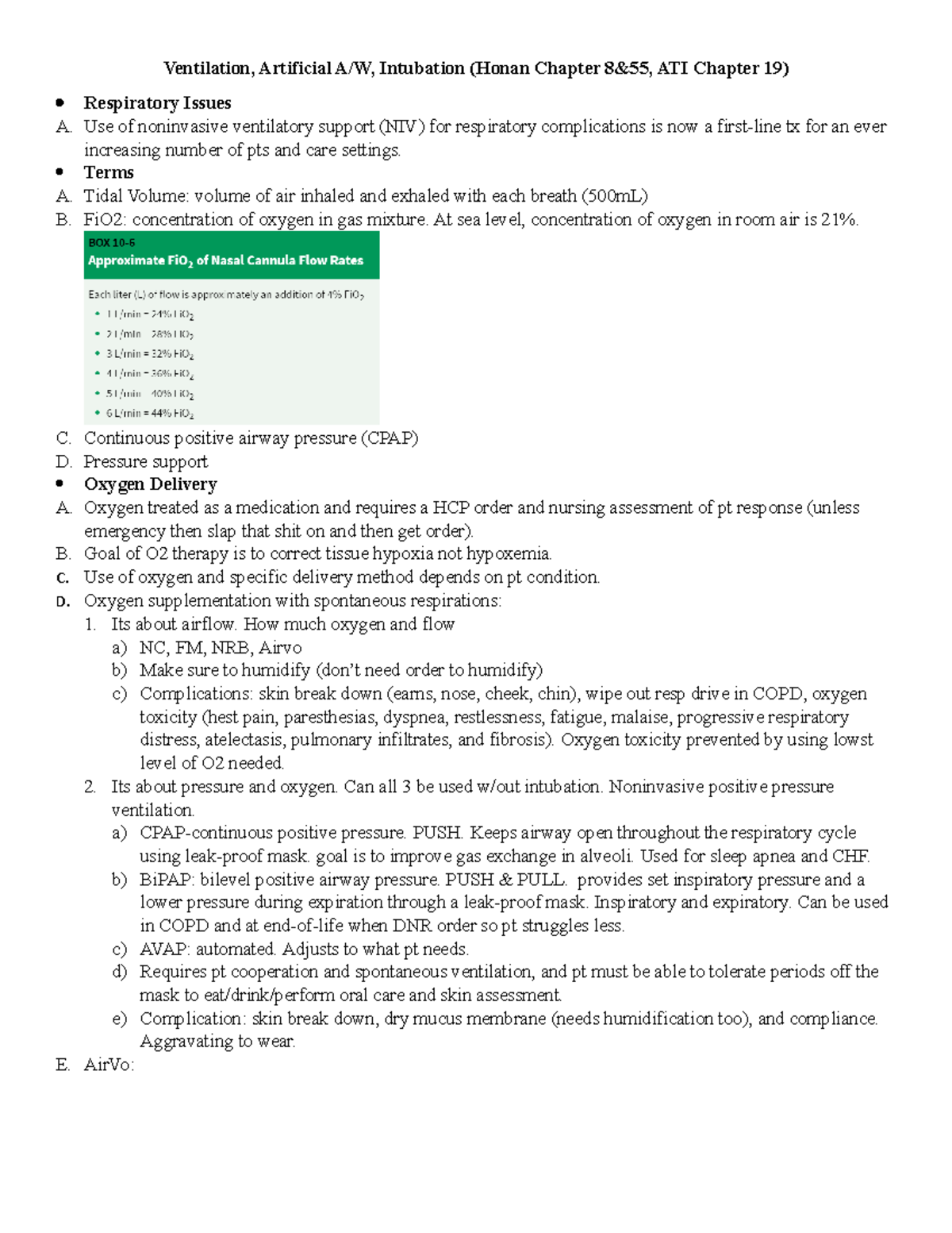 Vents, Intubation, Artifical AW Outline - Ventilation, Artificial A/W ...