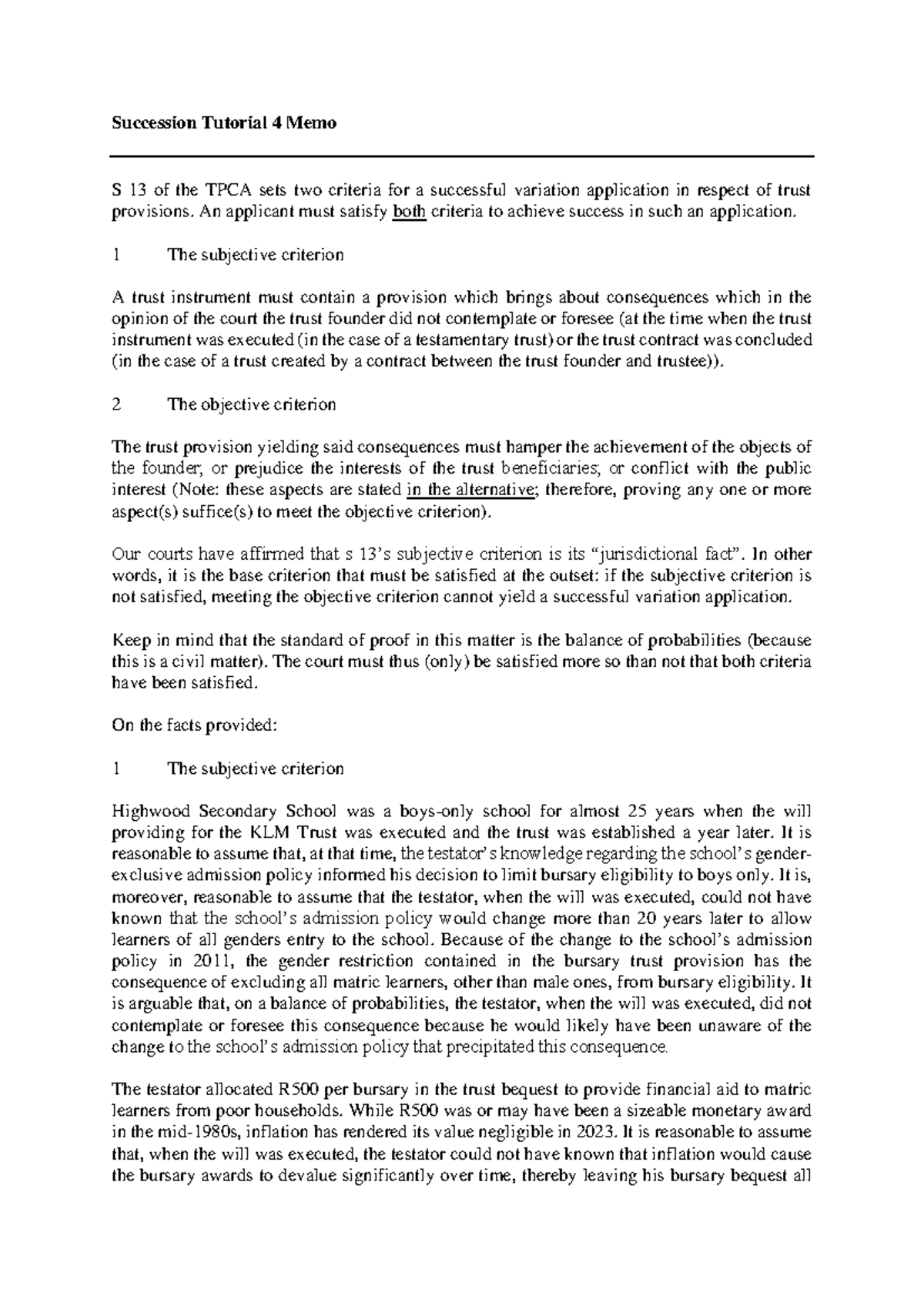 Tutorial 4 Memo Memo For Long Question Succession Tutorial 4 Memo S 13 Of The Tpca Sets Two
