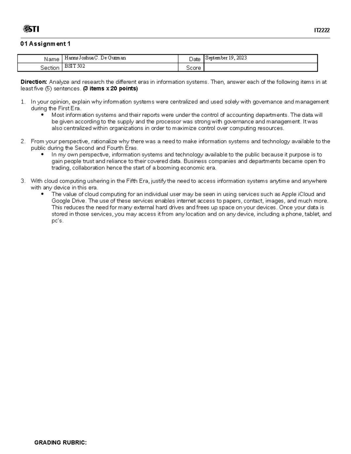 01 Assignment 1 01 Assignment 1 It Name Hanns Joshua C De Guzman Date September 19 2023 