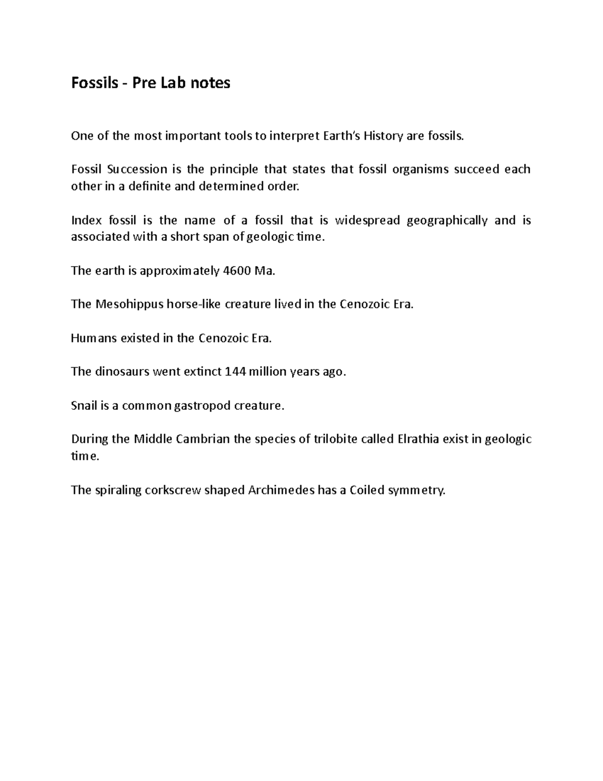 Fossils notes - Fossils - Pre Lab notes One of the most important tools ...
