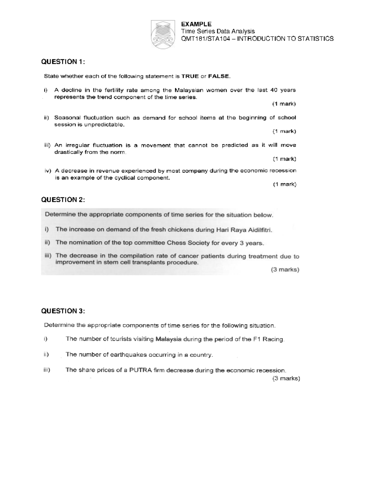 Example Of Time Series Data Analysis Time Series Data Analysis Qmt181 Sta104 Introduction To