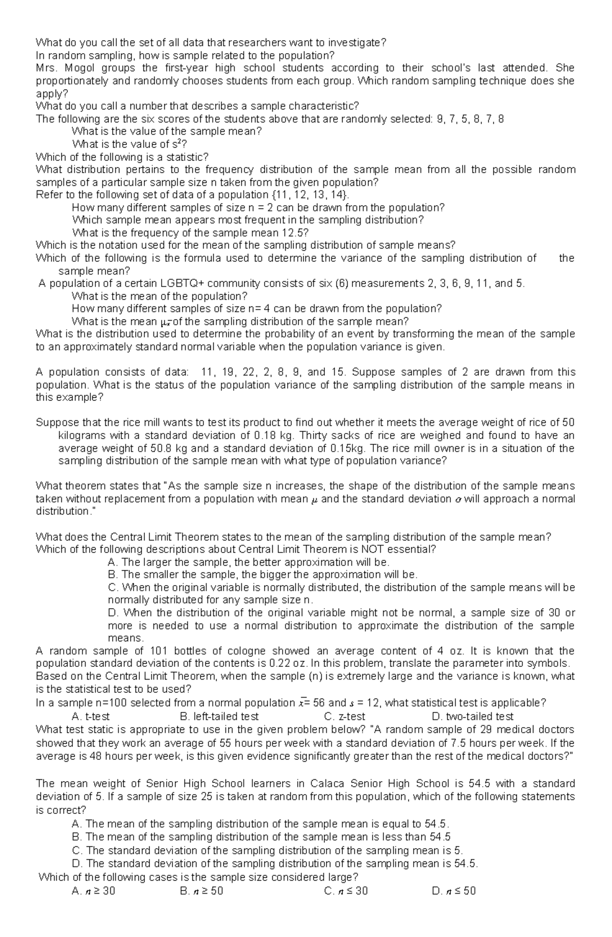 4Q STAT Reviewer 2023 2024 - What do you call the set of all data that ...