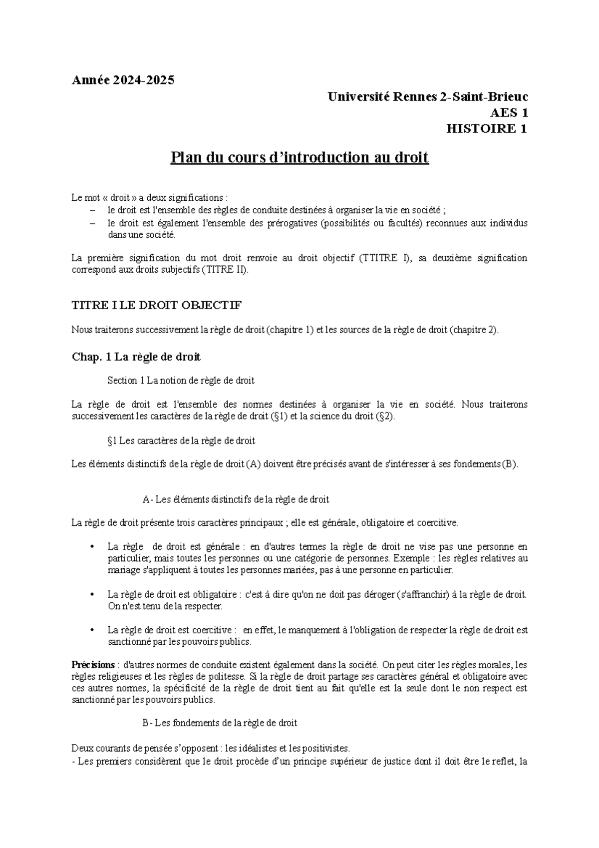 miashs - intro droit Partie 1 - Année 2024- Université Rennes 2-Saint-Brieuc AES 1 HISTOIRE 1 ...