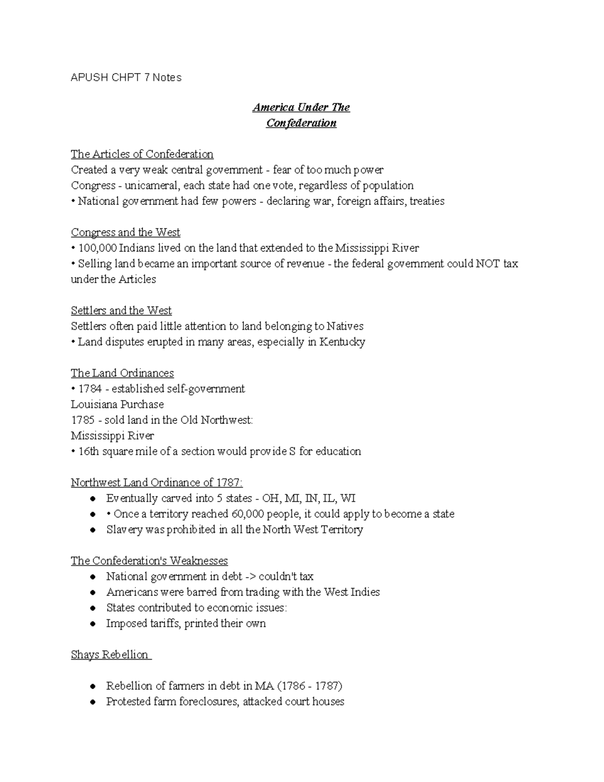 Notes Chpt 7 - APUSH CHPT 7 Notes America Under The Confederation The ...