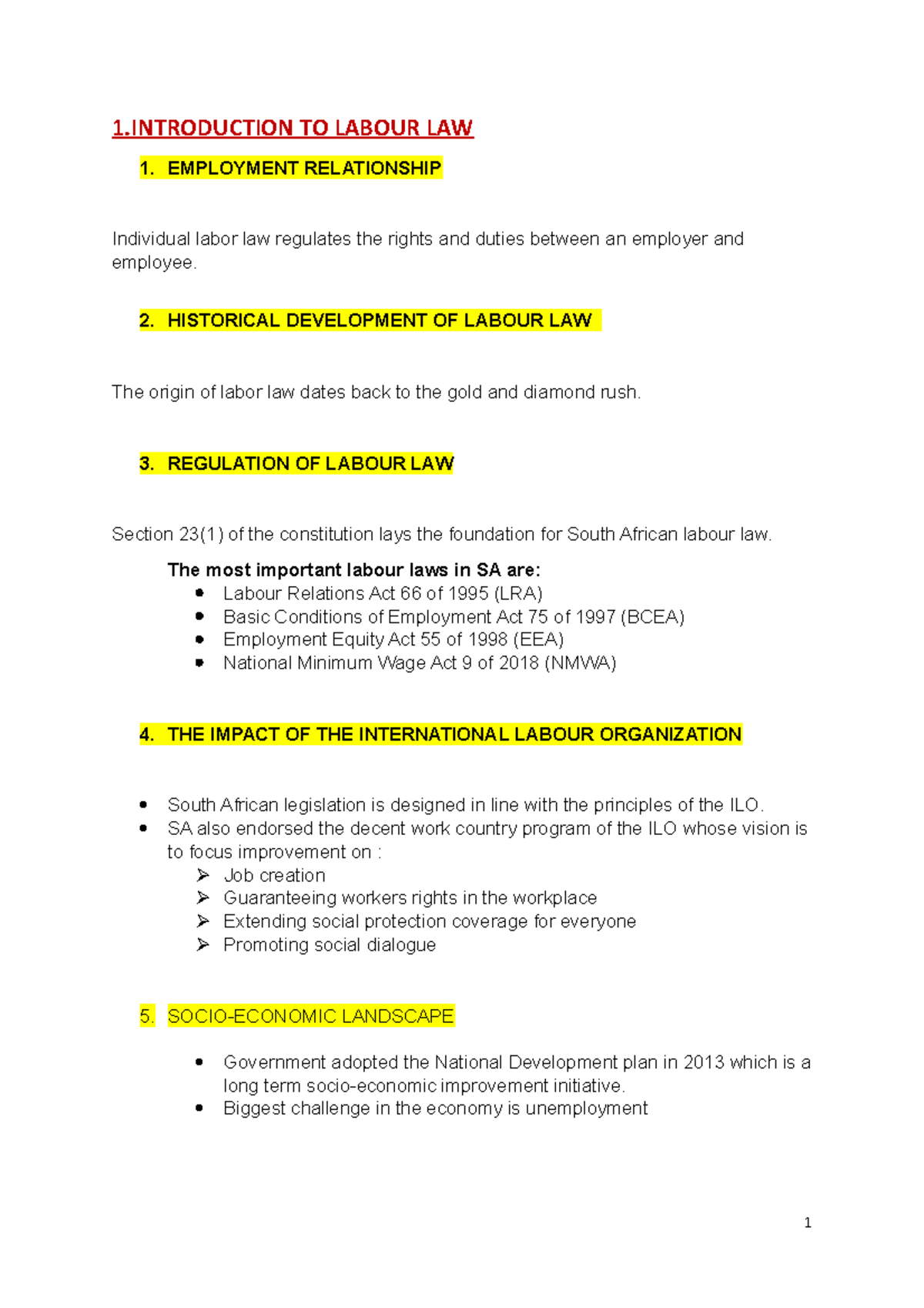 Labour LAW Personal Notes - 1 TO LABOUR LAW 1. EMPLOYMENT RELATIONSHIP ...