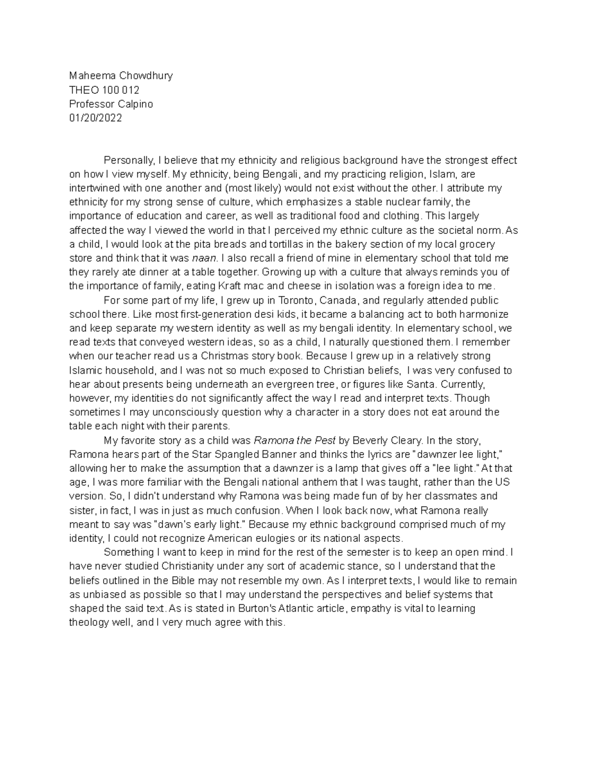 Maheema Chowdhury - Personal and Social Identity Reflection Paper ...