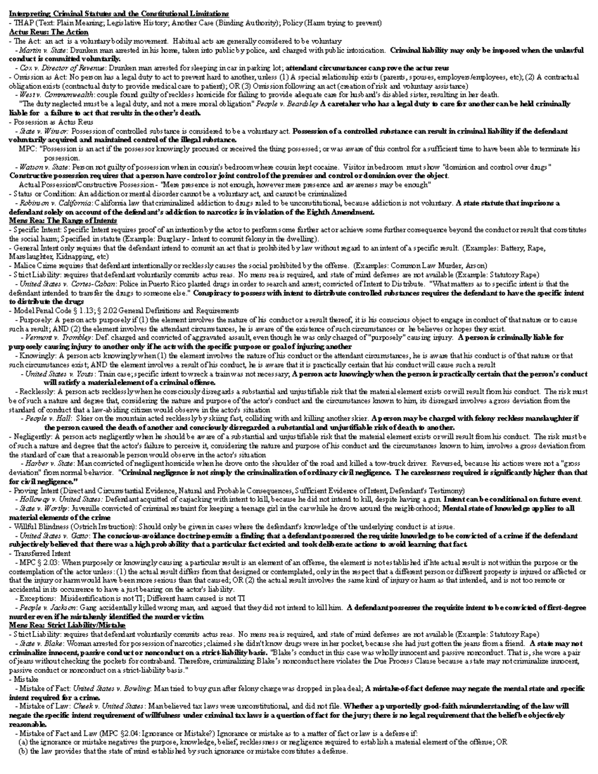 Criminal Law Fall 2023 Outline - Interpreting Criminal Statutes and the ...