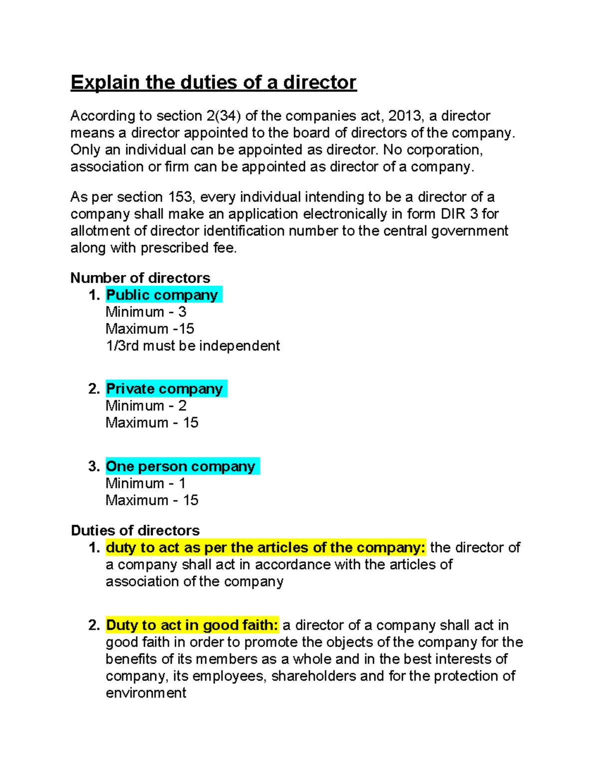 Company law - Explain the duties of a director According to section 2 ...
