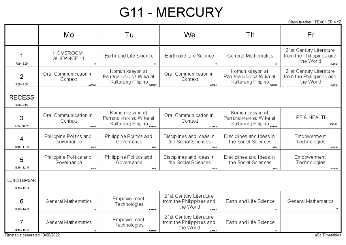 Senior HIGH Class Sched 2022-23 Version 2 - Class teacher : TEACHER XYZ ...