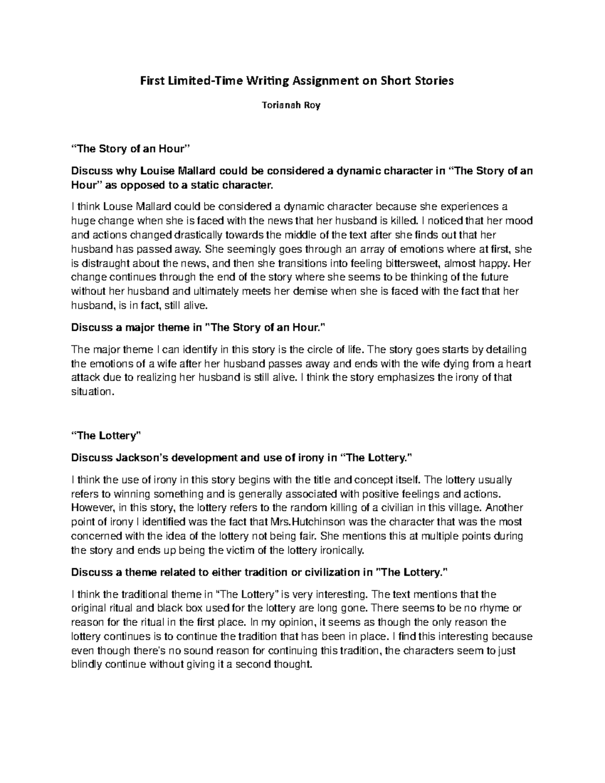 First Limited-Time Writing Assignment on Short Stories - I think Louse ...