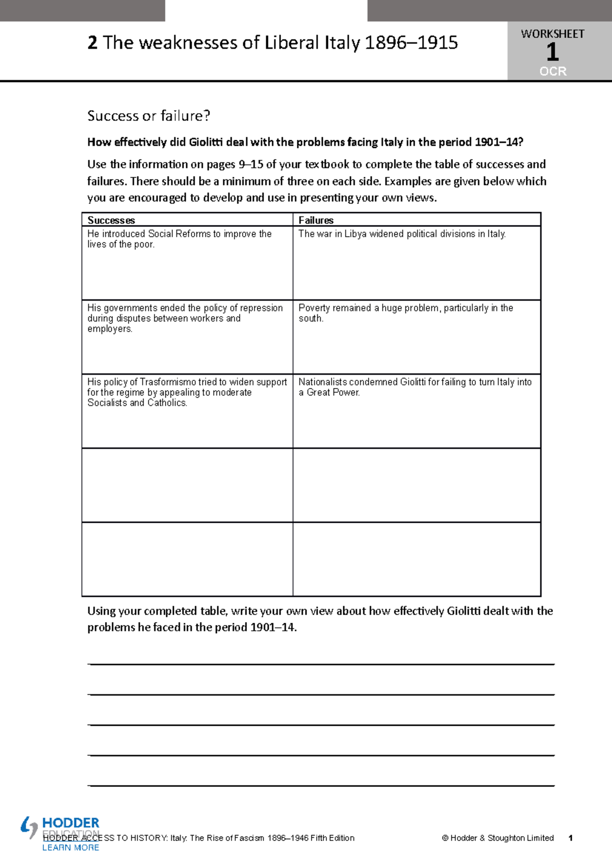 ATH Italy OCR complete worksheets - 2 The weaknesses of Liberal Italy ...