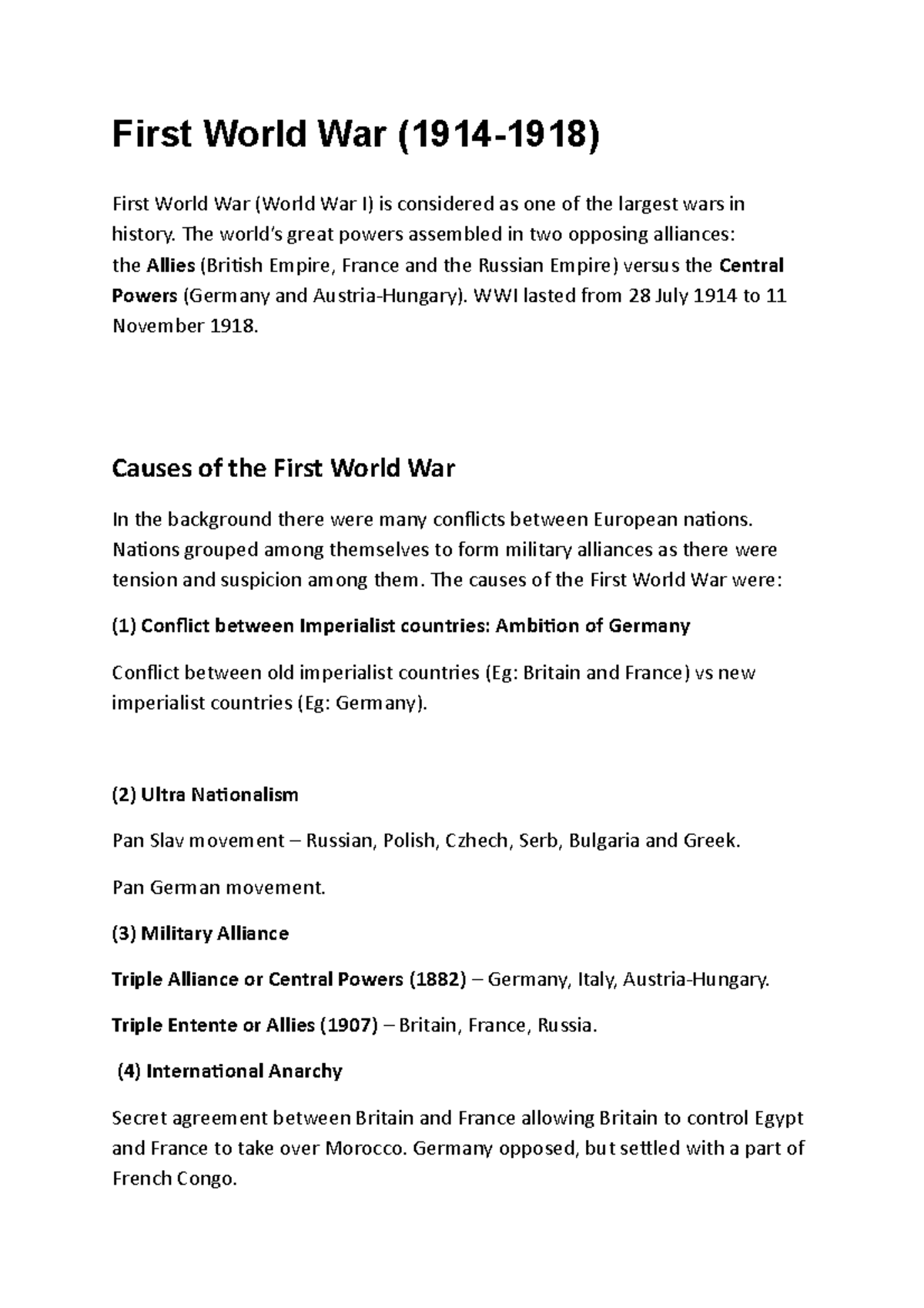 First World War - The world’s great powers assembled in two opposing ...