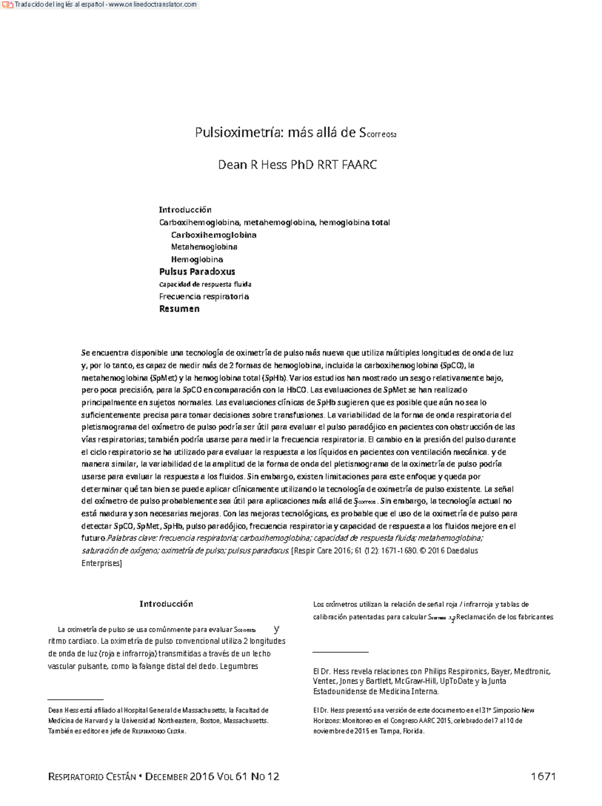 Guia 3 - asasas - Pulsioximetría: más allá de Scorreos 2 Dean R Hess ...