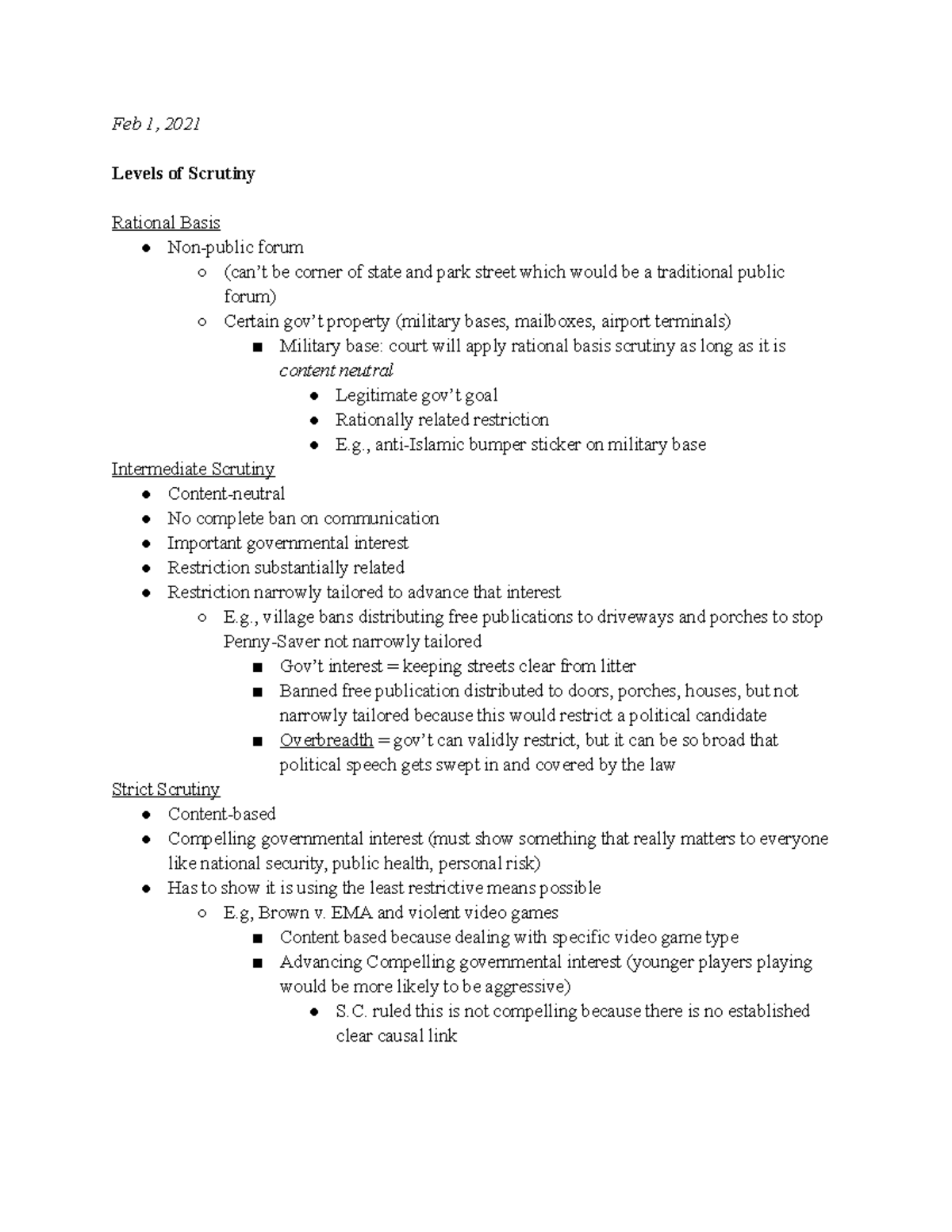 Exam 1 Class Notes - Feb 1, 2021 Levels of Scrutiny Rational Basis Non ...