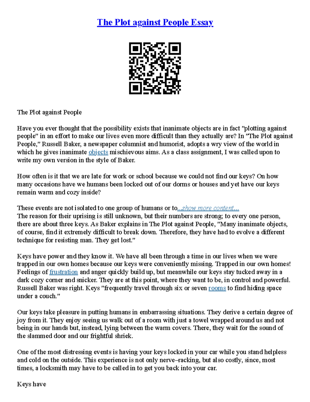 Russell Baker Essays - The Plot against People Essay The Plot against ...