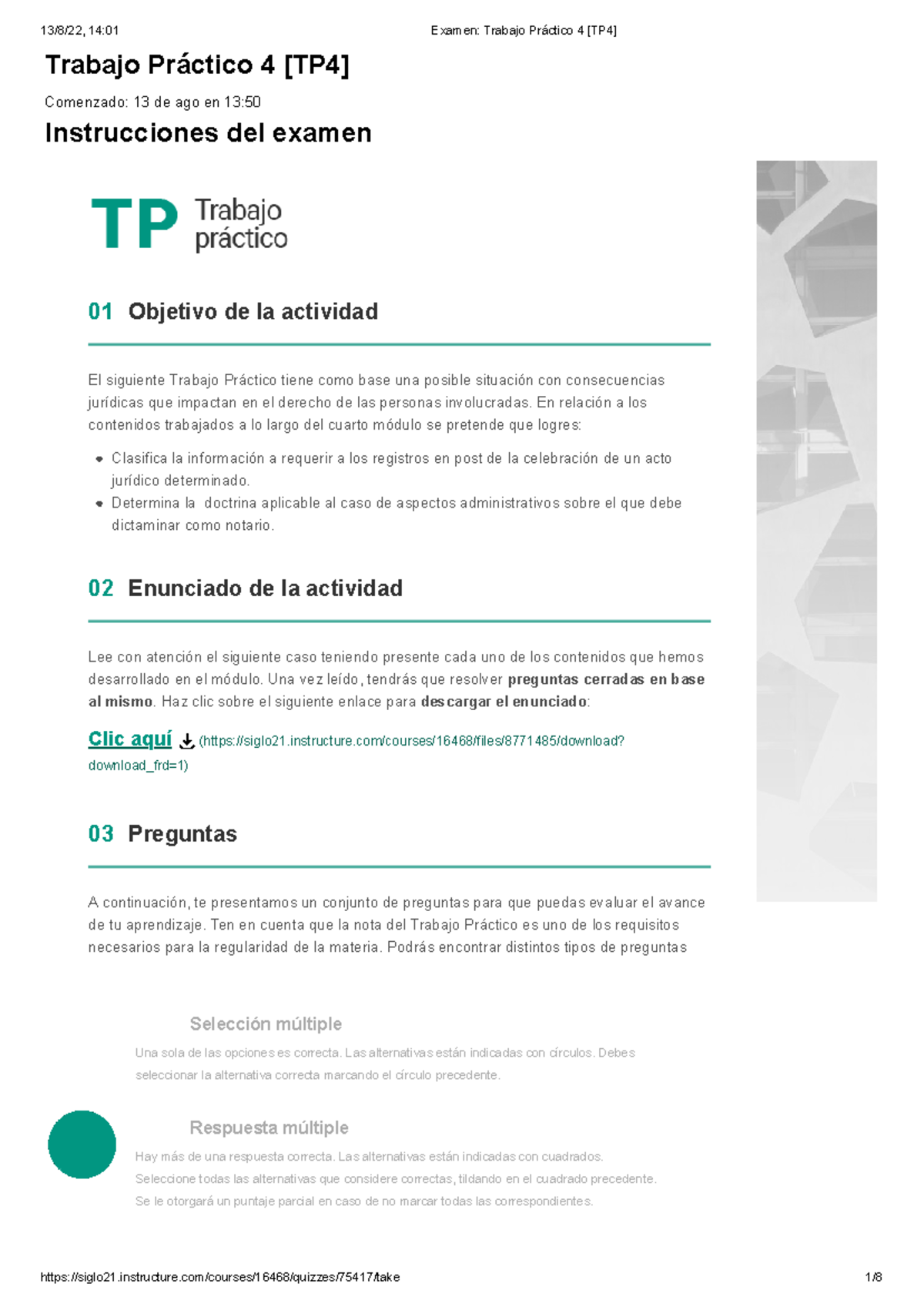 Examen Trabajo Práctico 4 [TP4]1 - Trabajo Práctico 4 [TP4] Comenzado: 13 de ago en 13: - Studocu