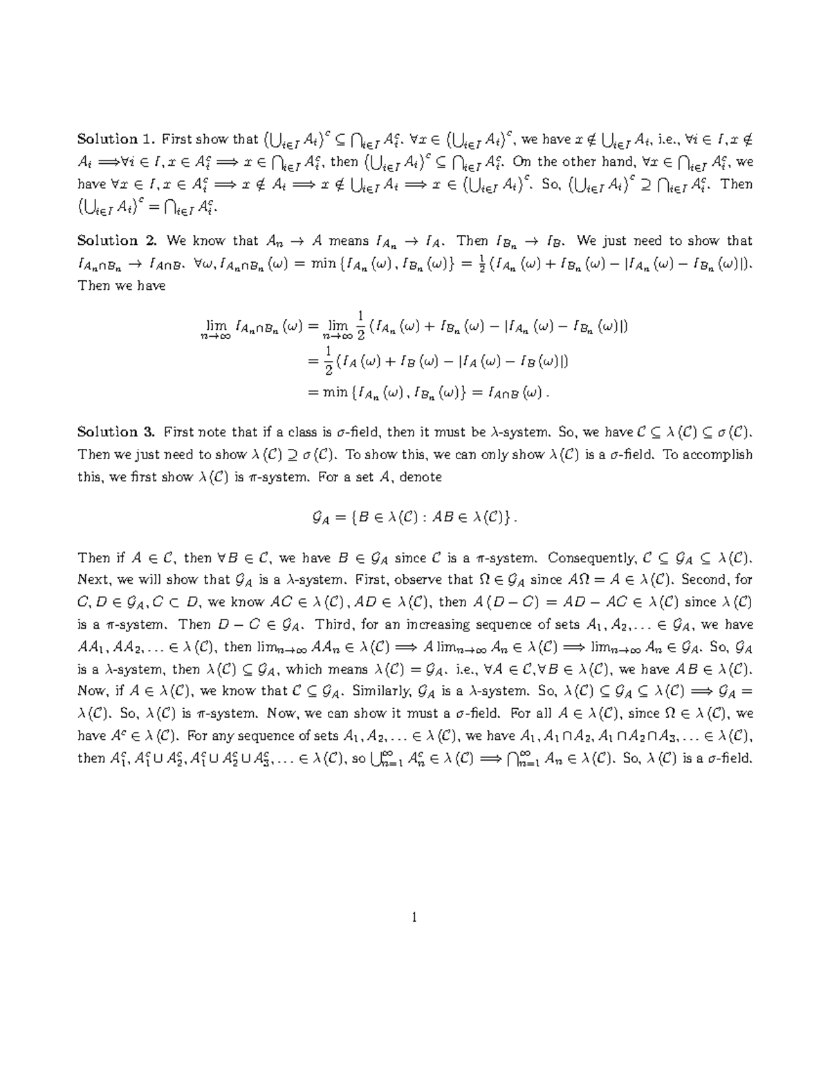 Advanced probability theory - Solution 1 show that (⋃ i∈IAi )c ⊆ ⋂ i∈ ...