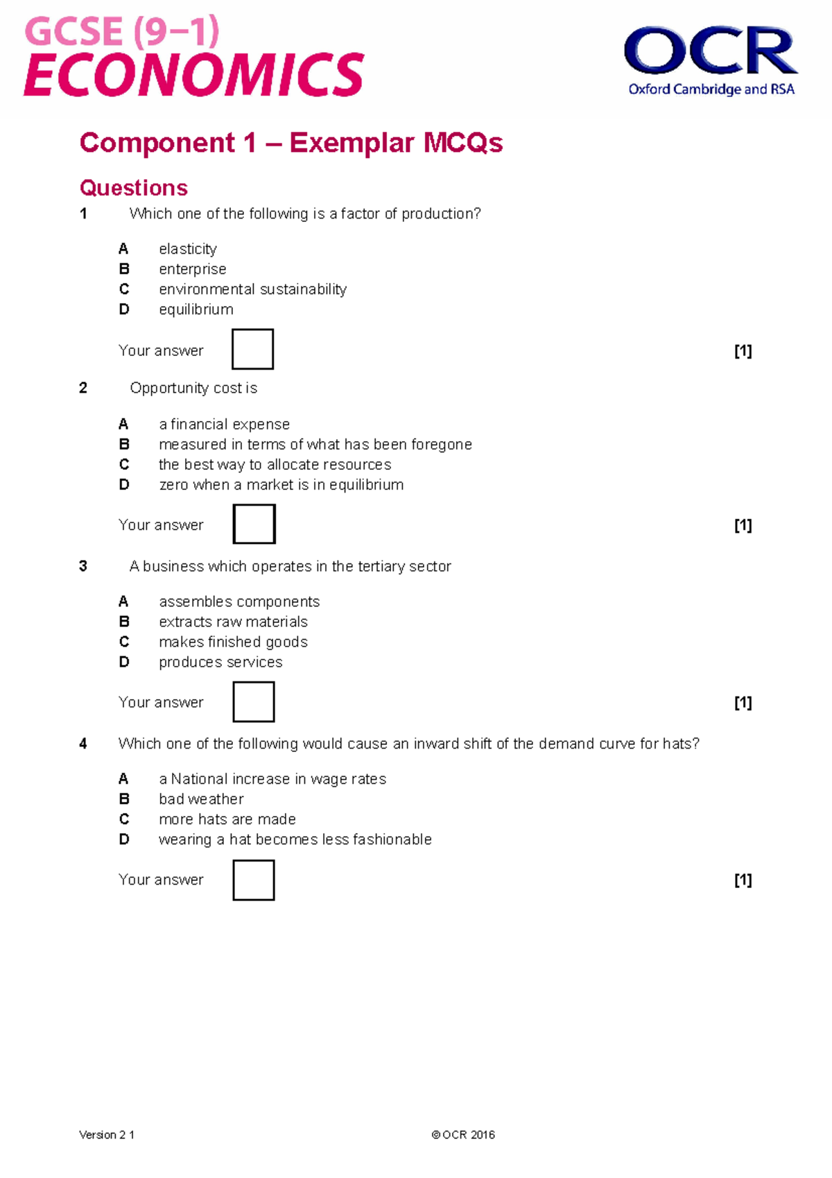 306383-components-1-and-2-exemplar-mcqs - Component 1 – Exemplar MCQs Questions 1 Which one of ...