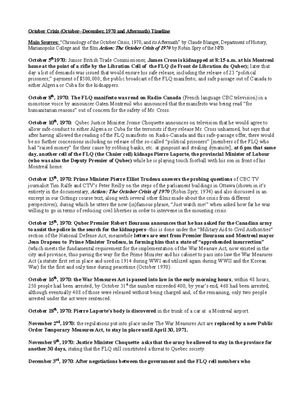 Lecture notes, lectures October Crisis Timeline - October Crisis ...