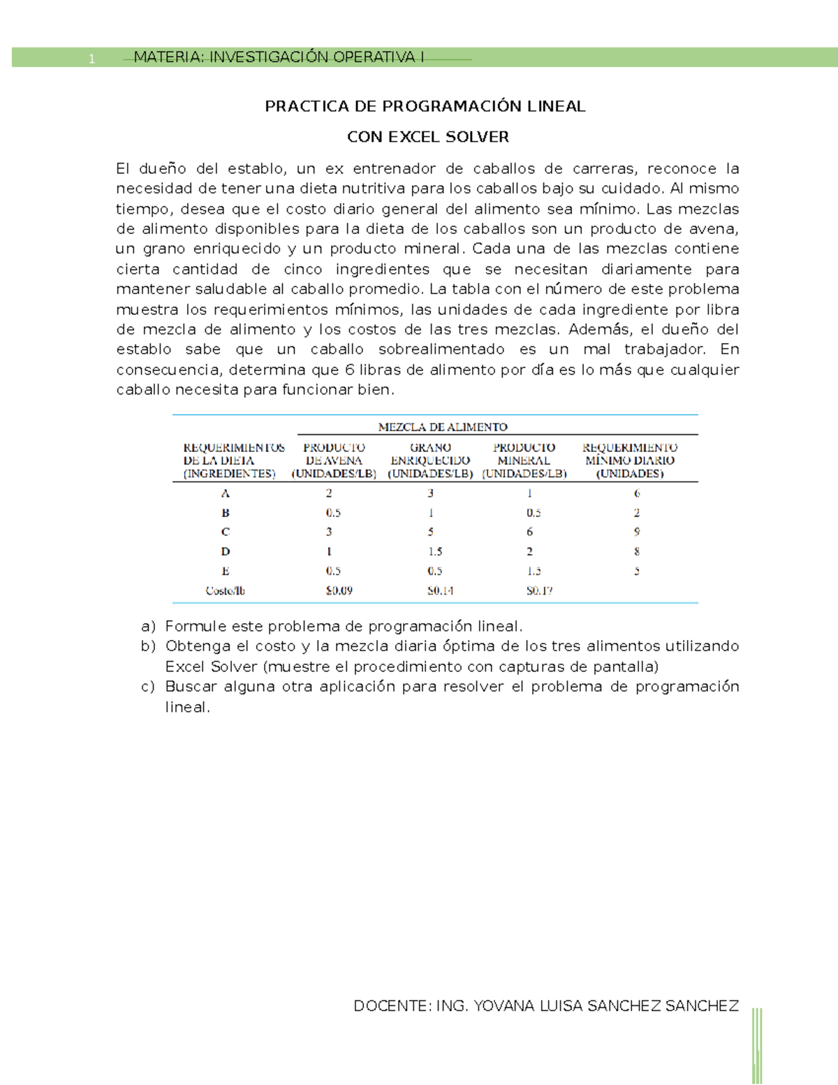 Practica DE Programación Lineal Y Excel Solver - PRACTICA DE PROGRAMACIÓN LINEAL CON EXCEL ...