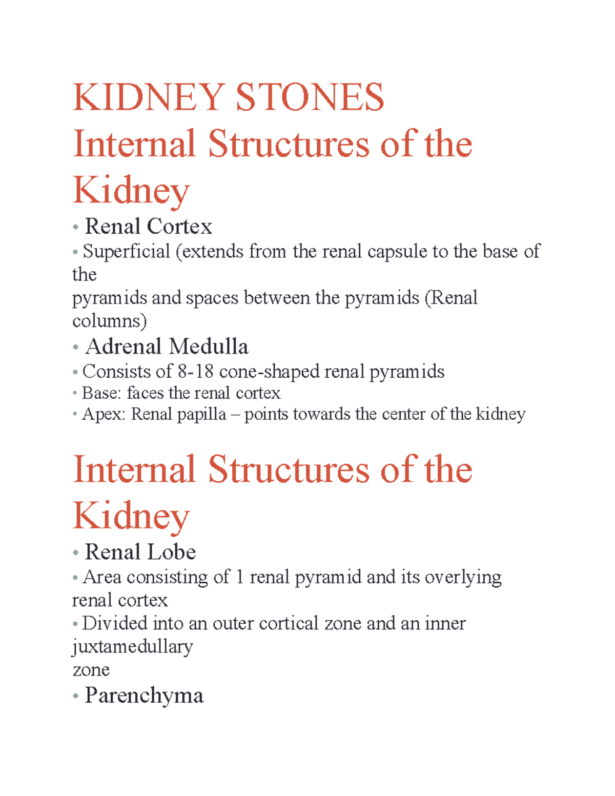 Renal Cortex - 05 - KIDNEY STONES Internal Structures of the Kidney ...