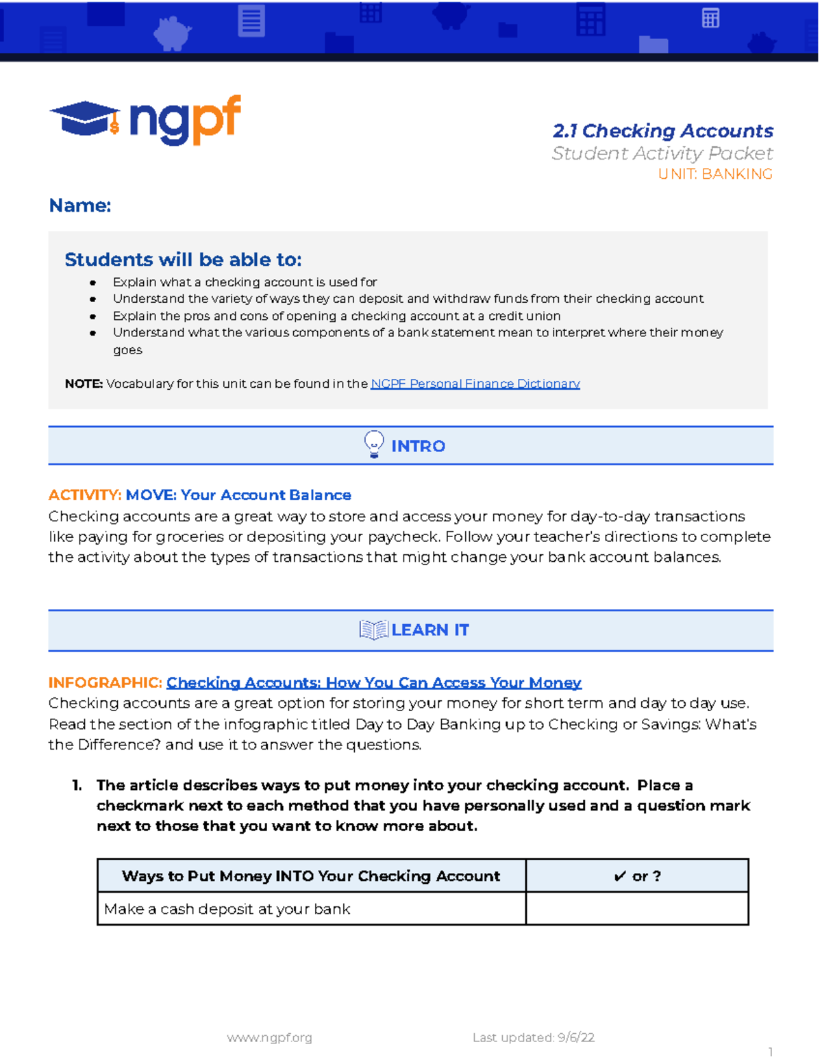 2 - Idk - 2 Checking Accounts Student Activity Packet UNIT: BANKING ...