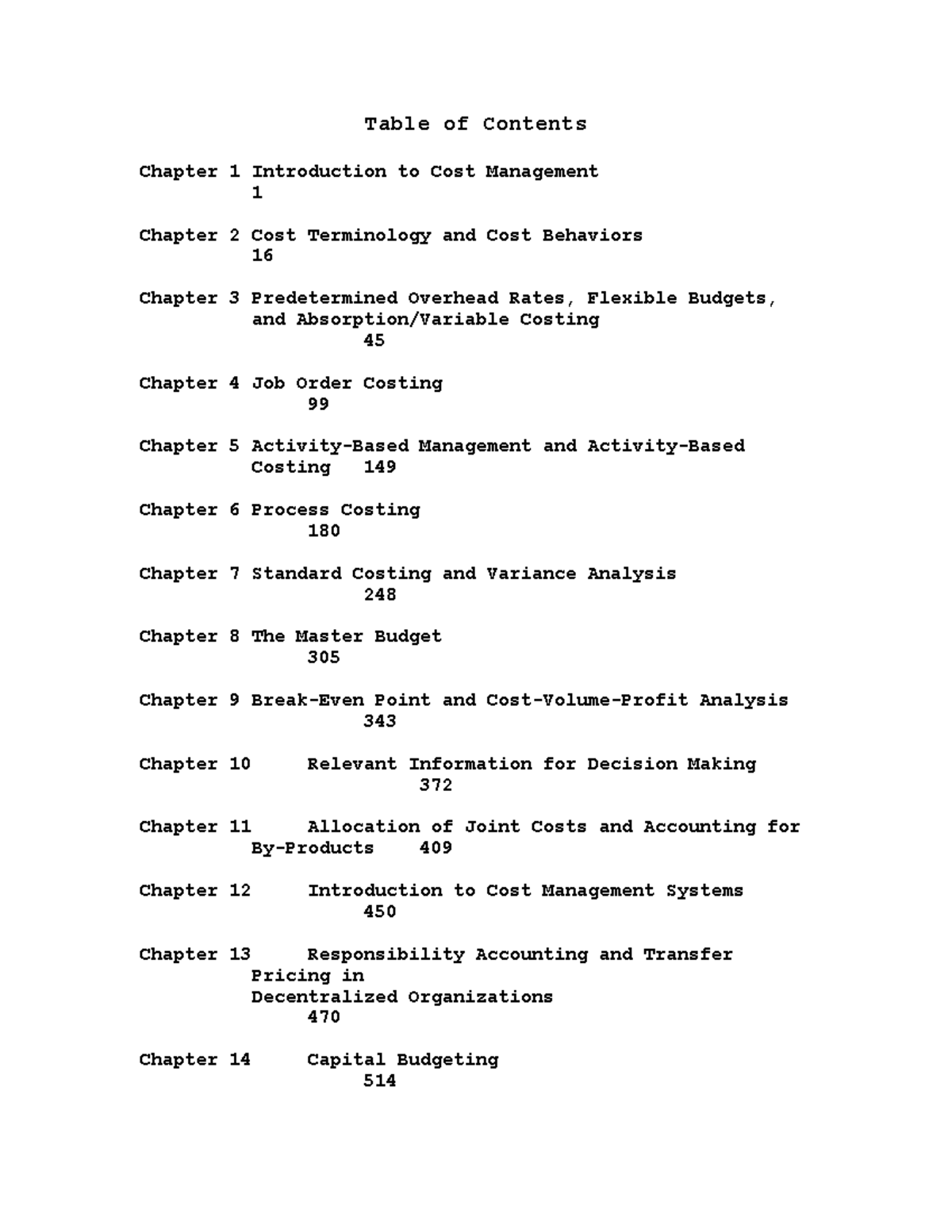 Table of Contents - Cost Accounting - Table of Contents Chapter 1 ...