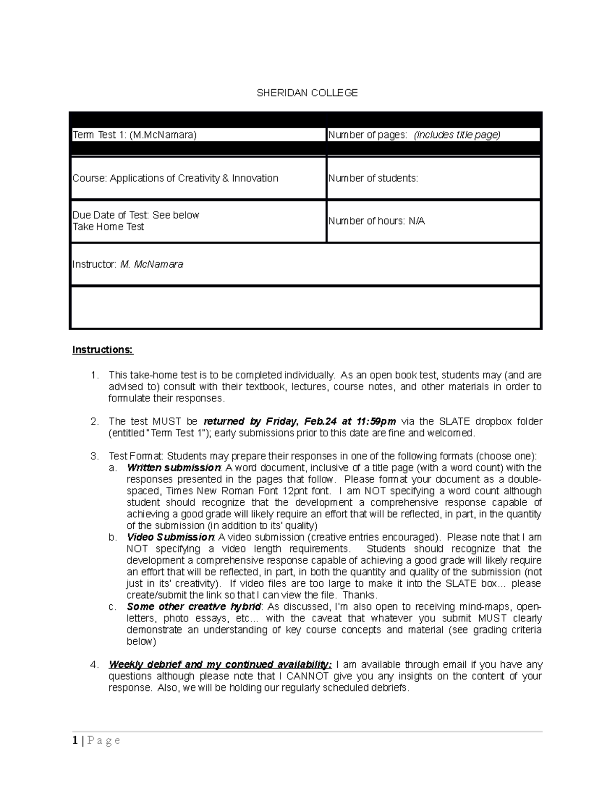 Applications Term Test - SHERIDAN COLLEGE Term Test 1: (M) Number of ...