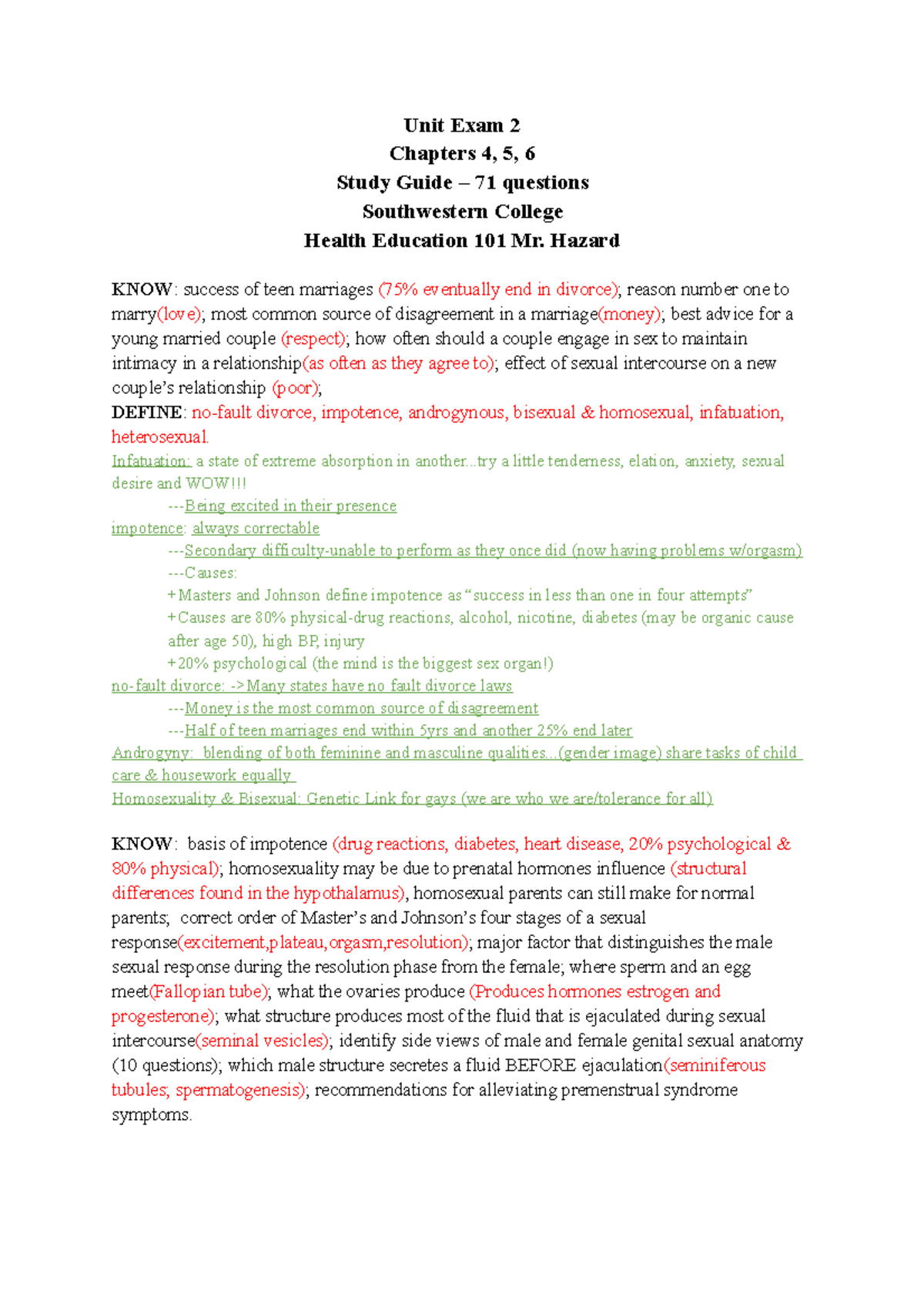 Health Exam 2 - Lecture notes 3-6 - Unit Exam 2 Chapters 4, 5, 6 Study ...