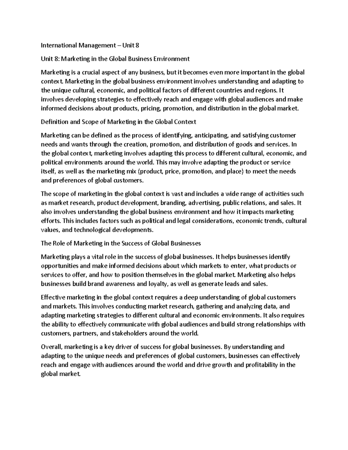 Unit 8 Marketing in the Global Business Environment - International ...