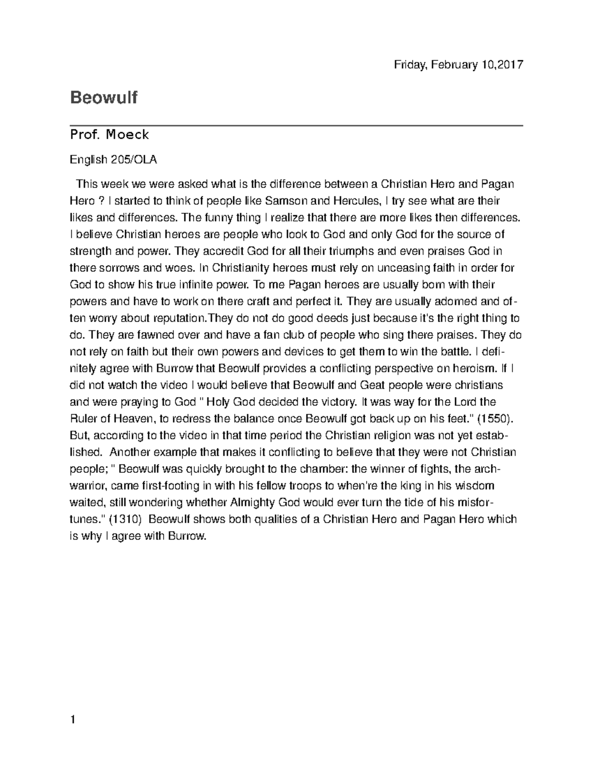 Week 1 31 Beowulf response - Fr i day ,Febr uar y10, 2017 Beowul f Prof ...