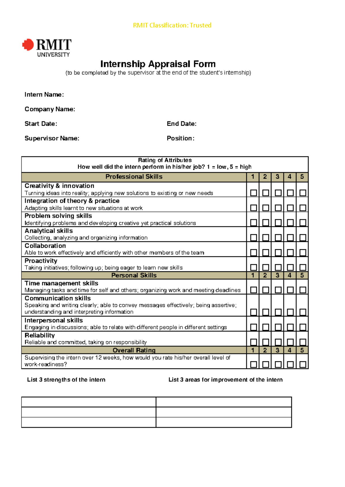 Internship Appraisal Form - RMIT Classification: Trusted Internship ...