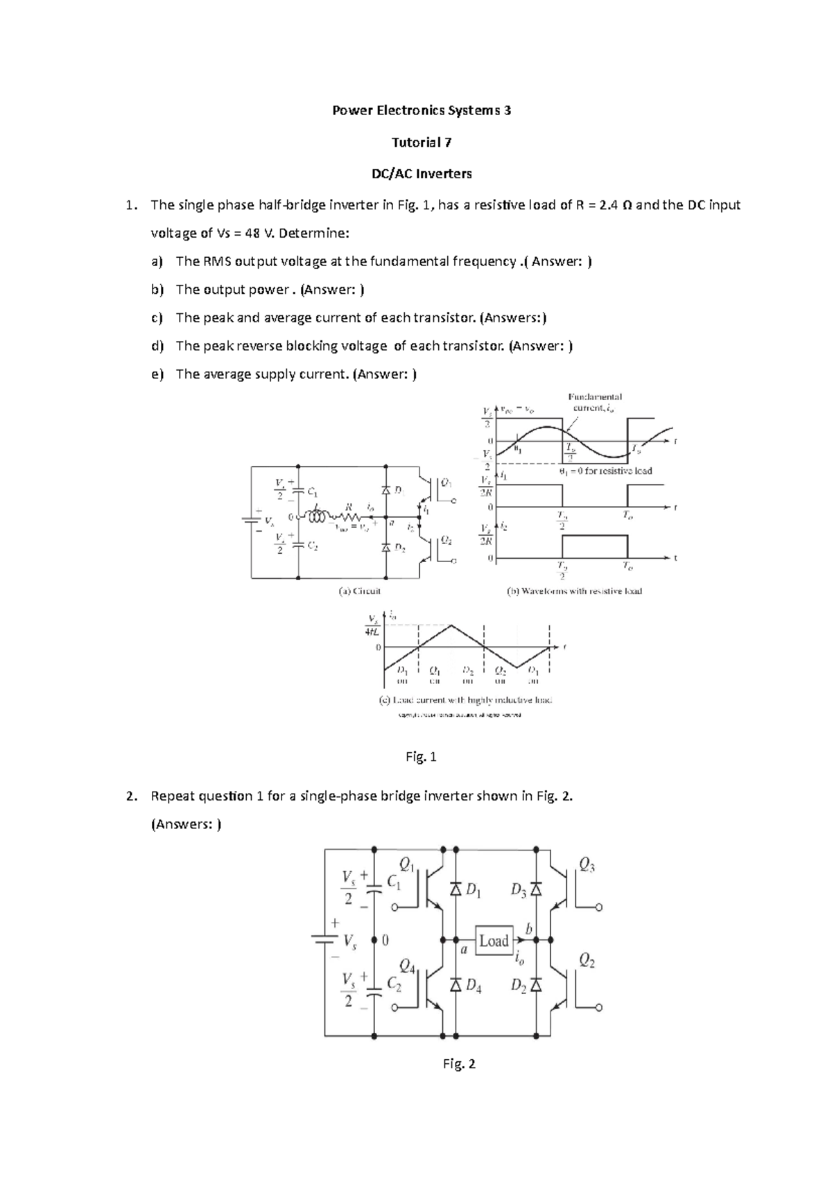 Tutorial 7 - Power Electronics Systems 3 Tutorial 7 DC/AC Inverters The ...
