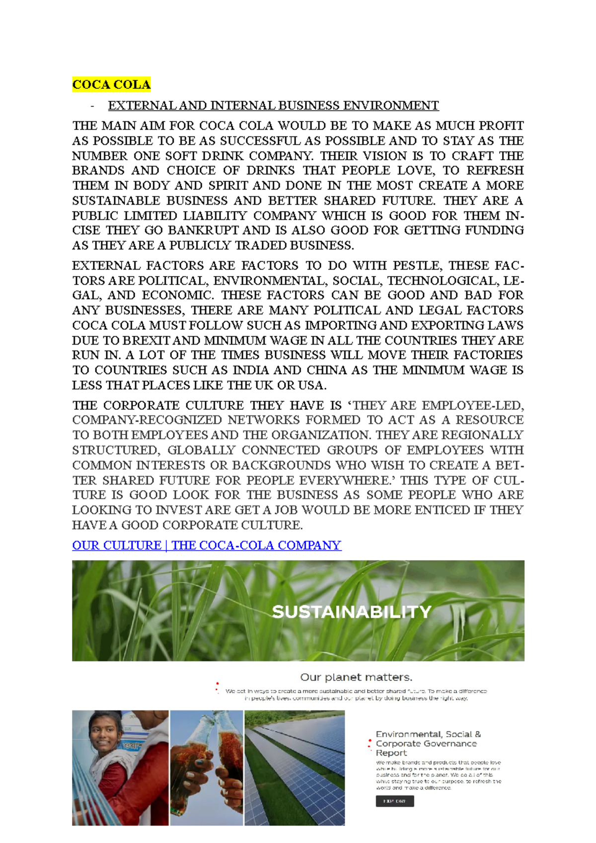 COCA COLA - . JBGUYY - COCA COLA - EXTERNAL AND INTERNAL BUSINESS ...