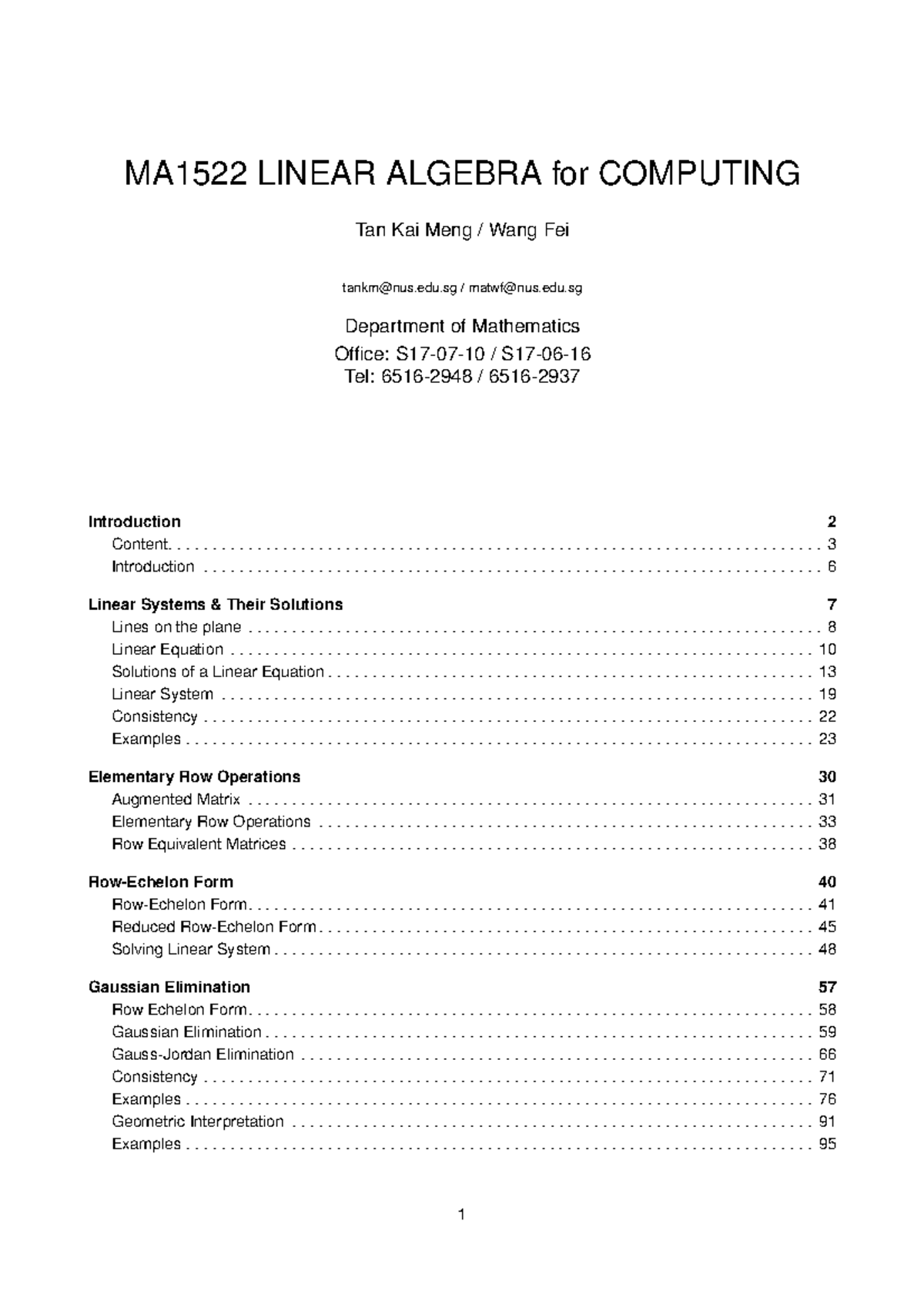 Chpt1 - sadasd - MA1522 LINEAR ALGEBRA for COMPUTING Tan Kai Meng / Wang Fei tankm@nus.edu ...