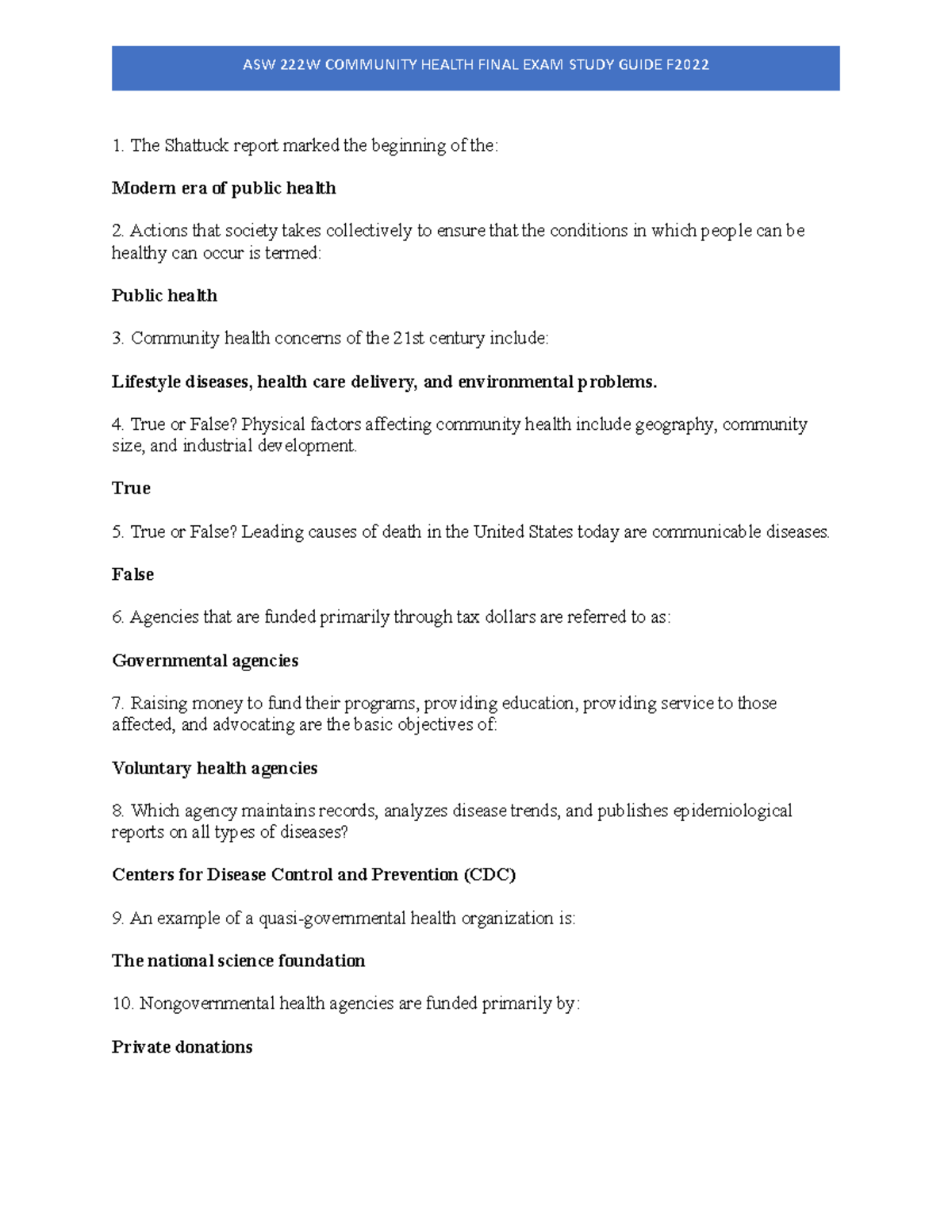 ASW 222W Final Exam Study Guide - The Shattuck report marked the ...